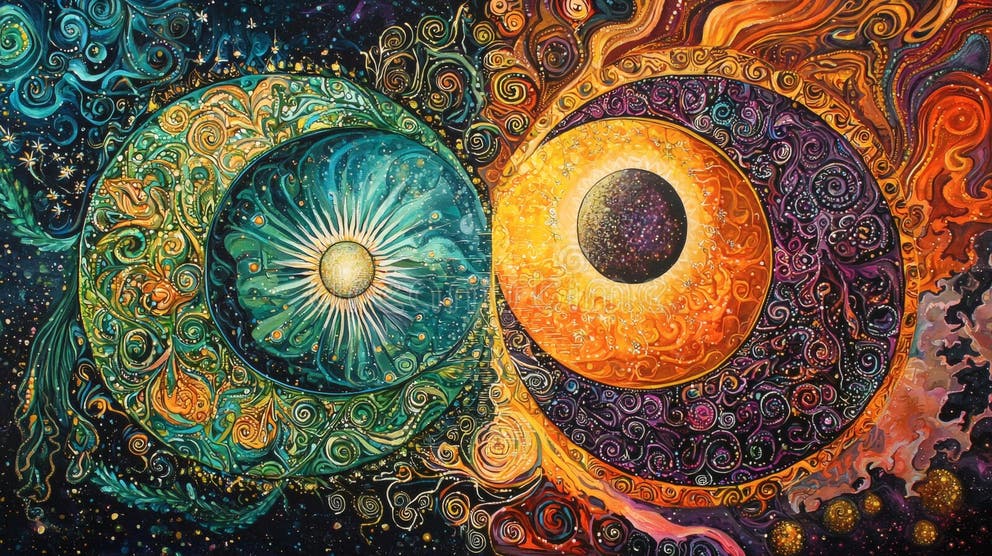 Cosmic Balance Depicting Sun and Moon in Vibrant Abstract Artistic ...