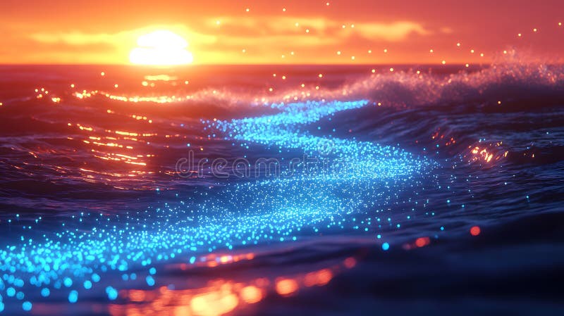 Magical Sunset Ocean Waves with Glowing Blue Particles Abstract Nature ...