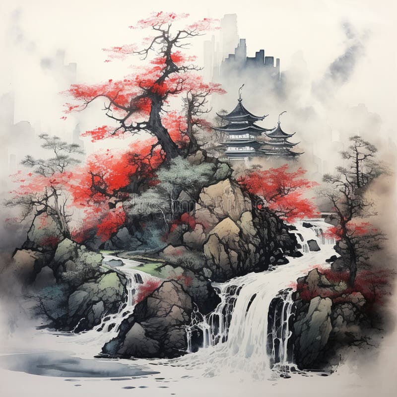 Mesmerizing Landscape Sumi-e Ink Painting Stock Image - Image of monets ...
