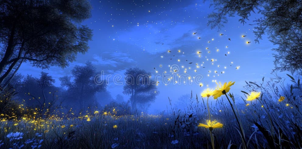 Mesmerizing Lightning Bug Meadow Under a Star-Studded Sky Stock Photo - Image of light, summer ...