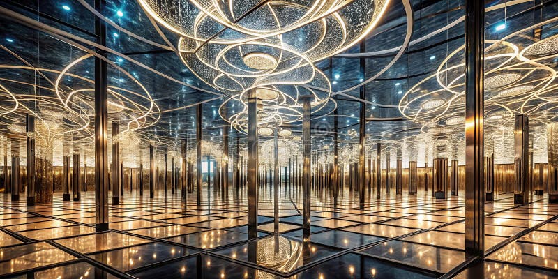 A Mesmerizing Mirrored Hall with Intricate Light Installations Creating ...
