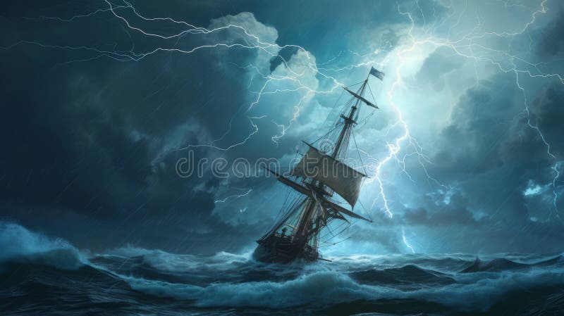 Electrifying Tempest: Sailing Ship Struck by Lightning Amid Ocean Storm ...