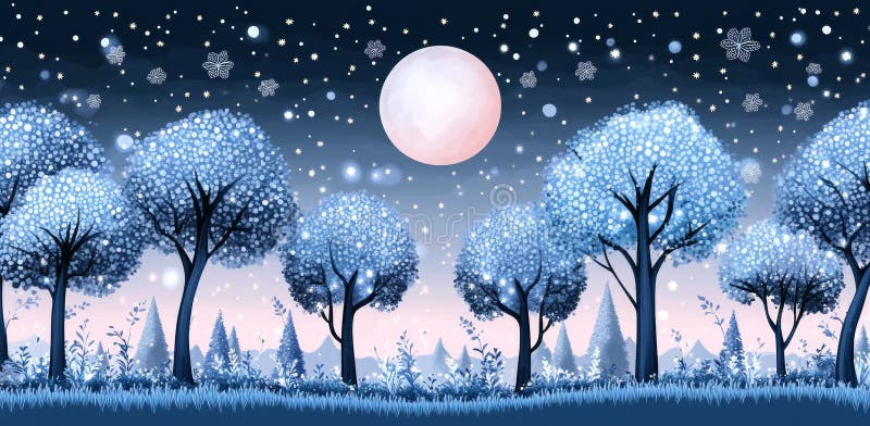 Mesmerizing Moonlit Forest Scene Illuminated by Glowing Lights Stock ...