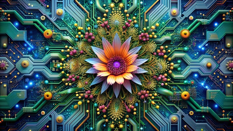 A Mesmerizing Mosaic of Circuit Boards Blooming Flowers and Glowing ...