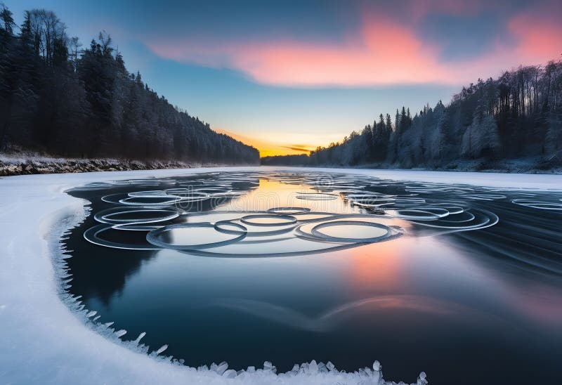 Fascinating Ice Circles on a Frozen River Stock Illustration ...