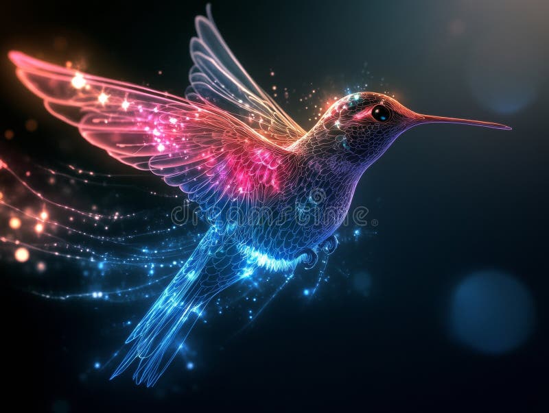 Mesmerizing Neon Hummingbird Soaring in the Dark with Glowing Feathers ...