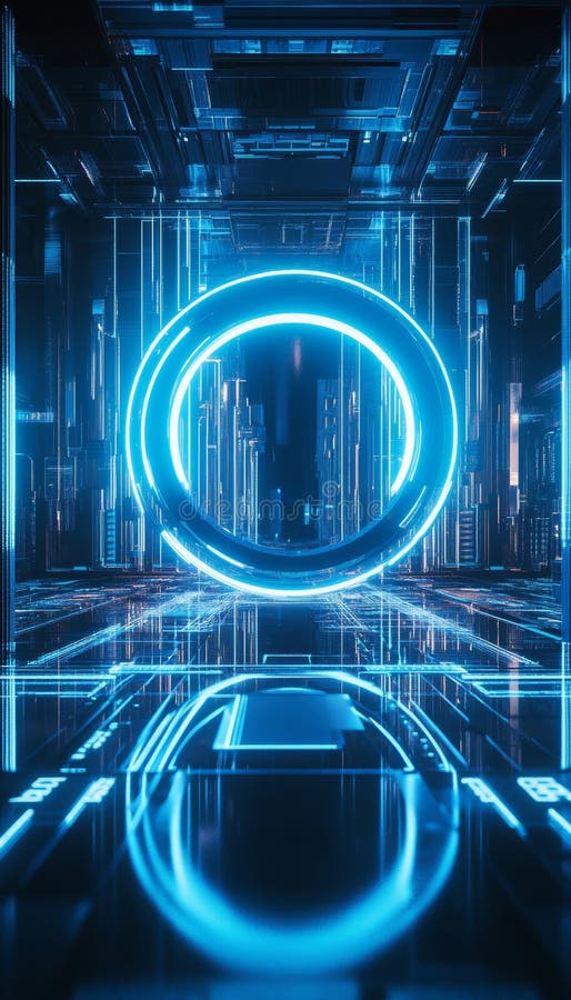 Mesmerizing Neon Laser Circle on Reflective Metallic Surface in a ...