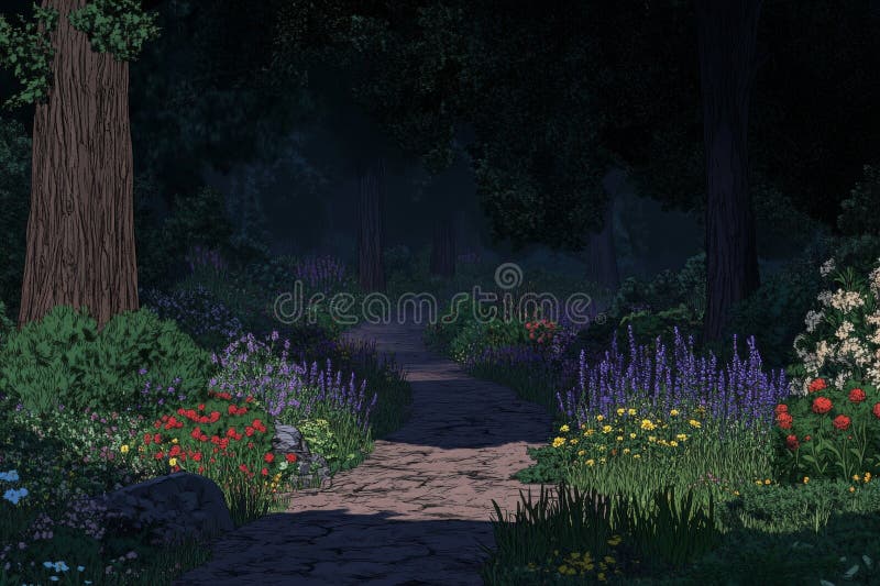 A Mesmerizing Night Garden Path Brightened by Shining Flowers Stock ...