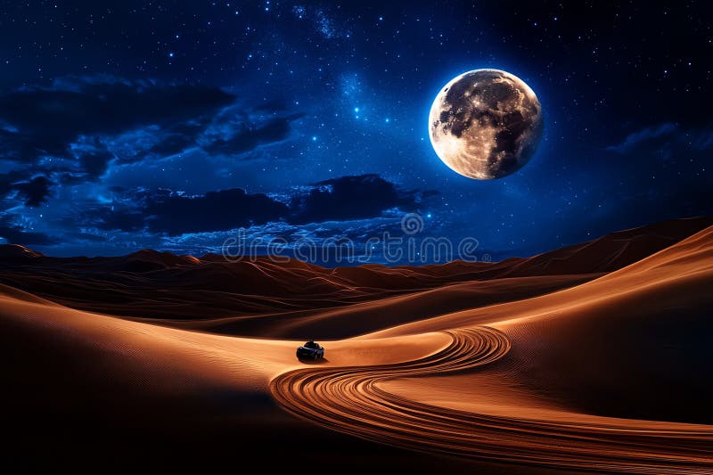 A Mesmerizing Night Landscape Featuring a Winding Path through Desert ...