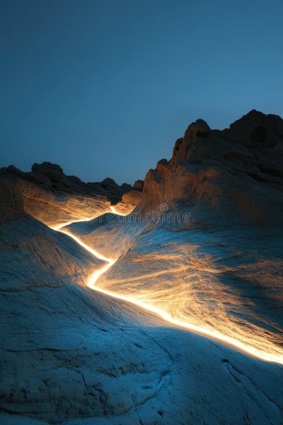 Mesmerizing Night Landscape with Illuminated Rocky Pathway Stock Image ...