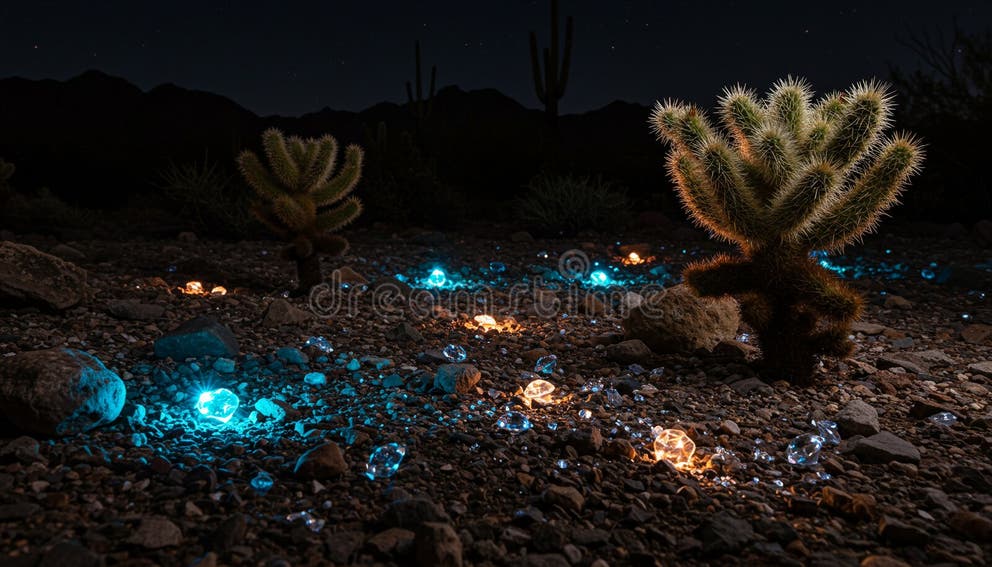 Nighttime Desert with Glowing Blue and Orange Lights and Cacti Stock ...
