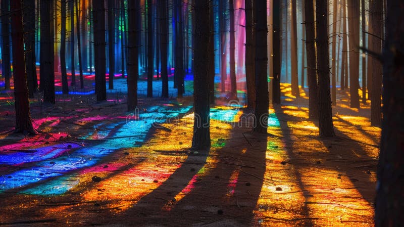 Illuminated Forest Floor with Colorful Light Beams Stock Illustration ...