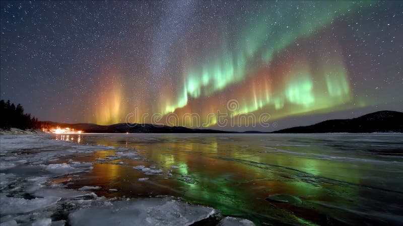 Mesmerizing Northern Lights Over Frozen Landscape at Night Stock ...