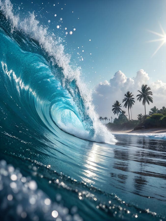 Mesmerizing Ocean Wave Splash Against Palm Tree Backdrop during Sunlit ...