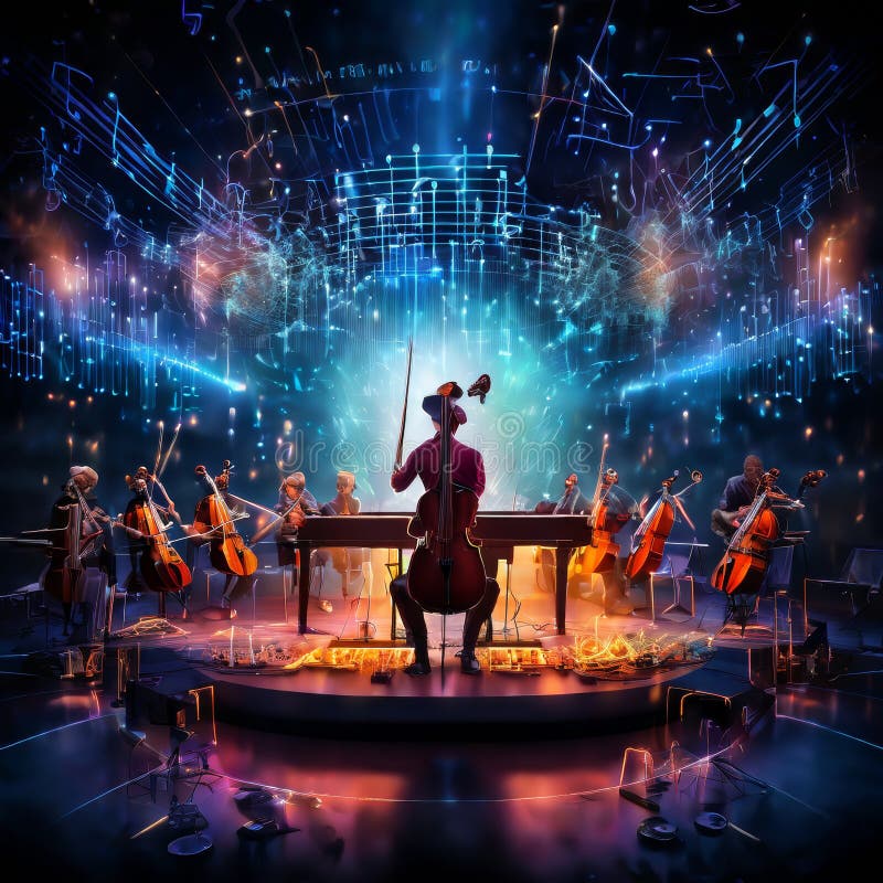 Orchestral Performance with Glowing Musical Notes and Lights Stock ...