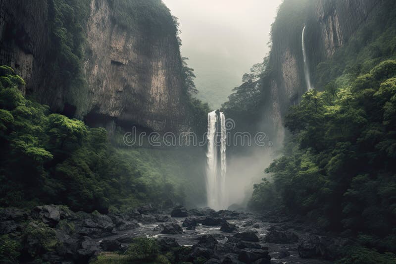 Mesmerizing Panoramic Shot of a Majestic Waterfall Surrounded by Lush ...