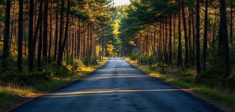 A Mesmerizing Path Stretches through a Sunlit Pine Forest Stock ...