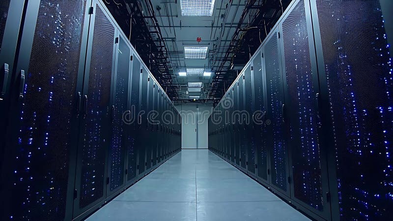A Mesmerizing Perspective Down a Server Room Aisle. Glowing Blue Lights ...