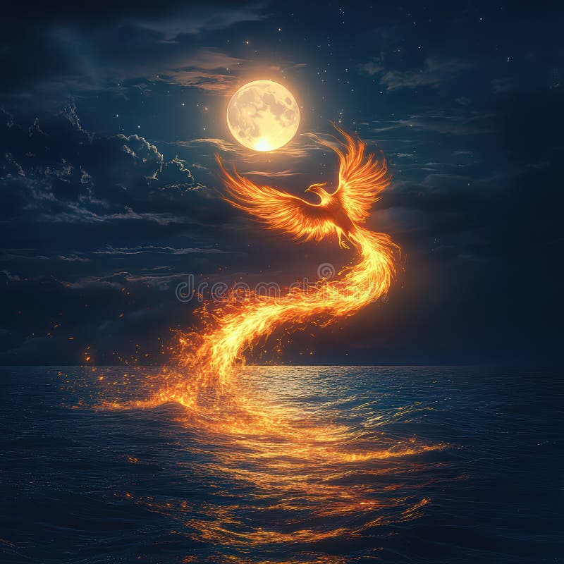 Mystical Phoenix Rising from Ocean Under Full Moon in Night Sky Stock ...