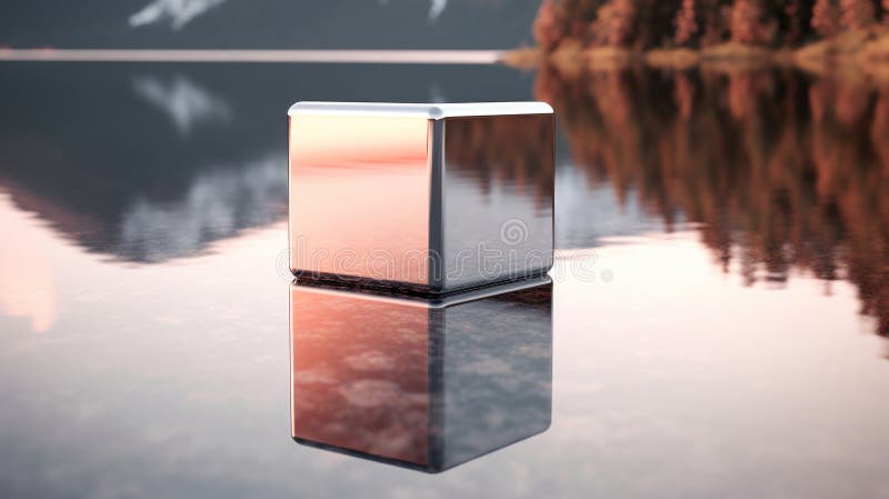 Reflective Serenity: the Captivating Metallic Cube on Calm Waters Stock ...