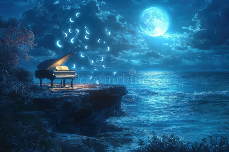 Magical Piano Performance Under the Moonlight Coastal Setting Fantasy ...