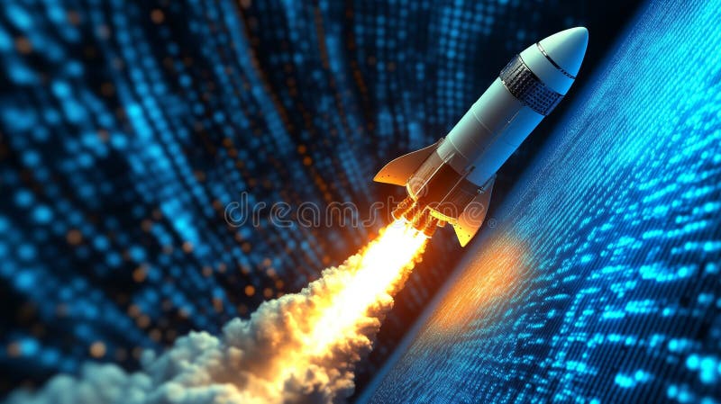 Pixelated Rocket Ascent Abstract Blue Data Stream Visualizing Space ...