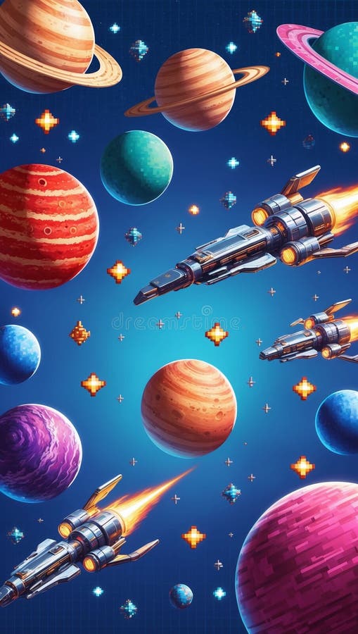 Mesmerizing Pixelated Outer Space Scene with Planets, Stars, and Retro ...