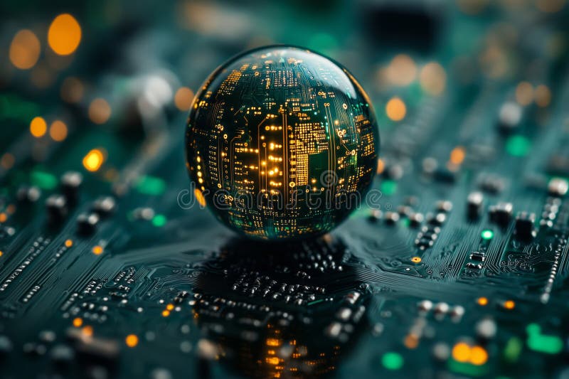 Circuit Board Reflection Captured in a Vibrant Globe Amidst Glowing ...