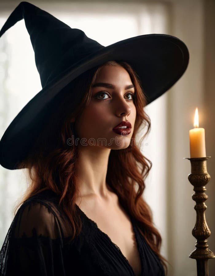 A Beautiful Young Witch in the Moonlight with a Candle Stock ...
