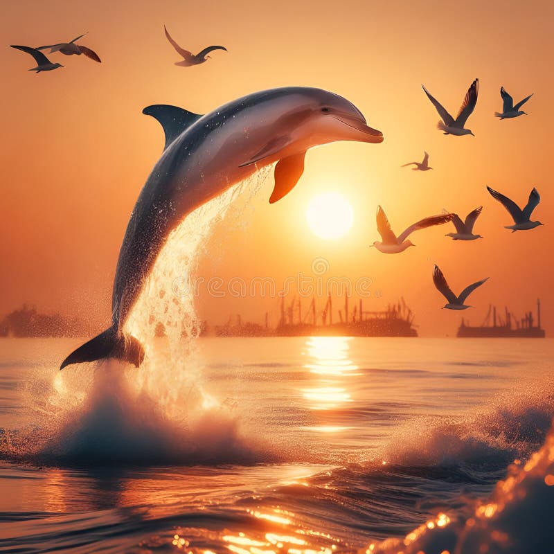 Evening Euphoria: Dolphins Dance at Dusk. Stock Illustration ...