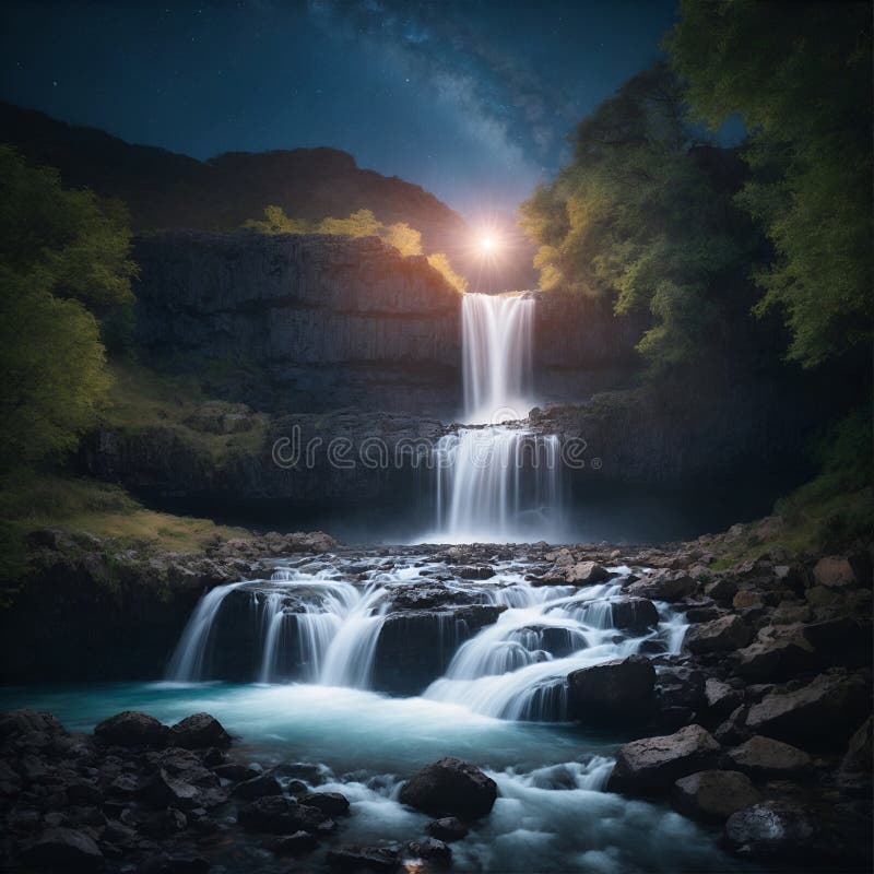 Waterfalls at Night. Cascading Waters in the Moonlight. Stock ...