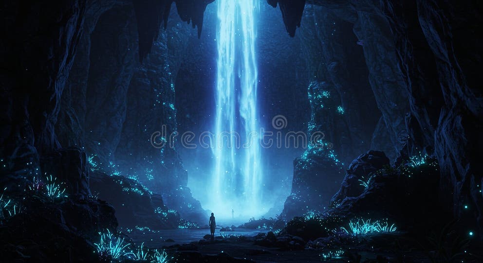 A Mesmerizing Scene of a Cavern Illuminated by a Cascading Waterfall of ...