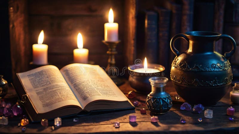 Enchanted Book of Potion Making in Candlelight Stock Illustration ...