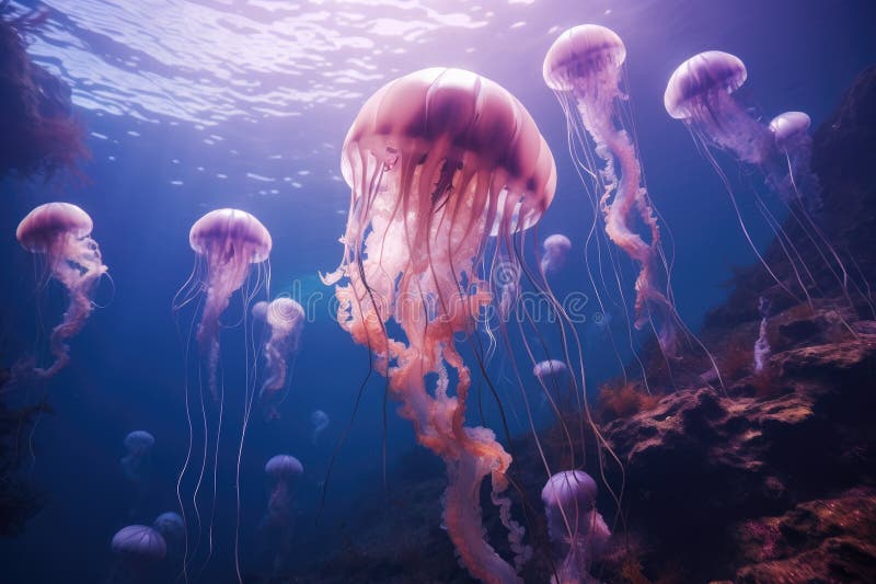 A Mesmerizing Scene of a Group of Jellyfish Gracefully Moving through ...