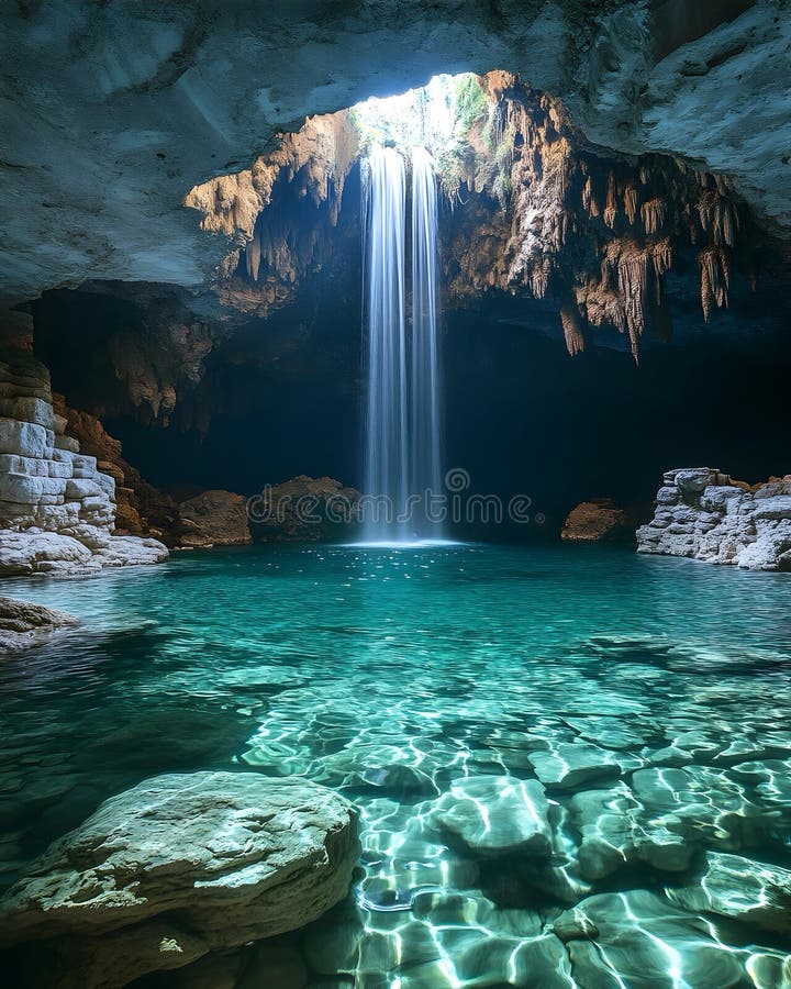 A Mesmerizing Scene of a Hidden Waterfall Inside a Vast, Dimly Lit Cave ...