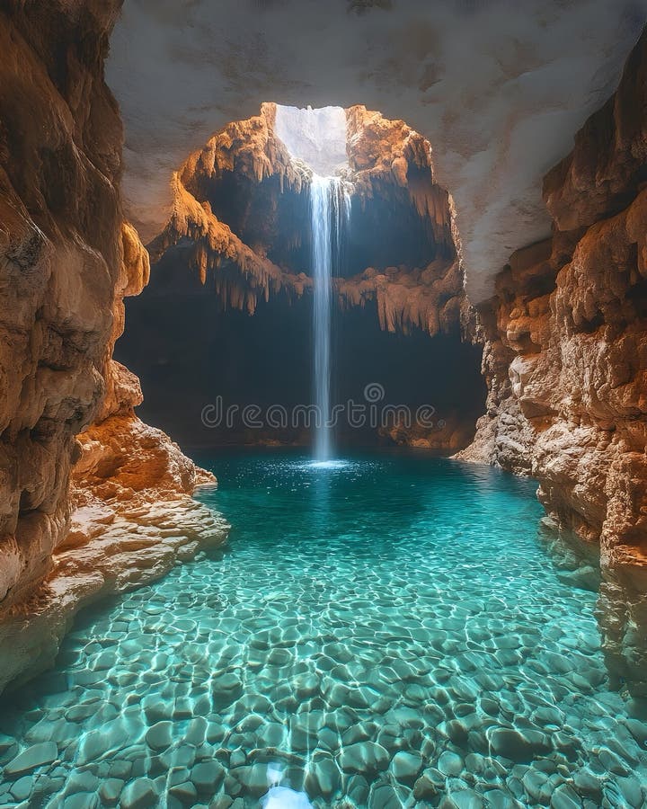 A Mesmerizing Scene of a Hidden Waterfall Inside a Vast, Dimly Lit Cave ...