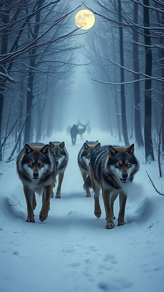 Silent Pack of Wolves in a Snow-Covered Forest Stock Illustration ...