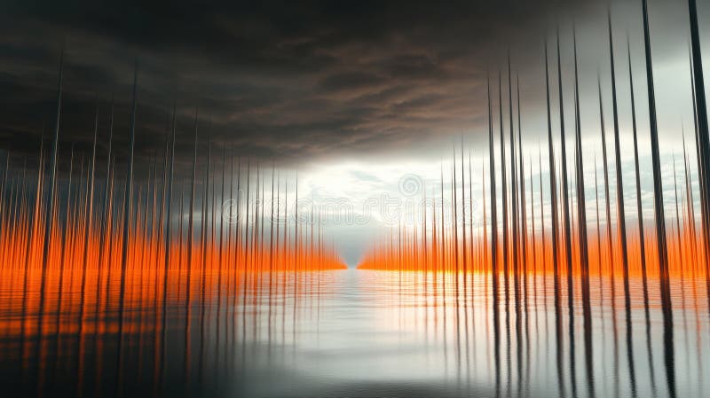 Surreal Landscape with Towering Pillars Reflecting on a Calm, Fiery ...