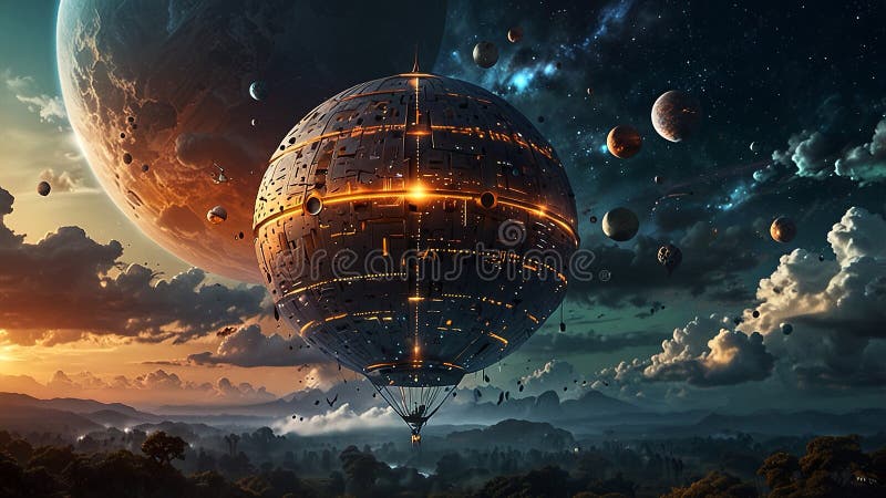 A Mesmerizing Scene Unfolds As Flying Sphere Stock Illustration ...
