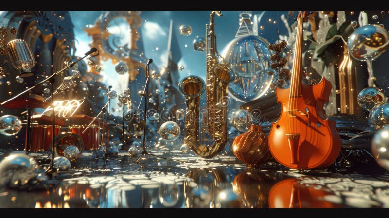 Surreal Floating Musical Instruments Scene Stock Illustration ...