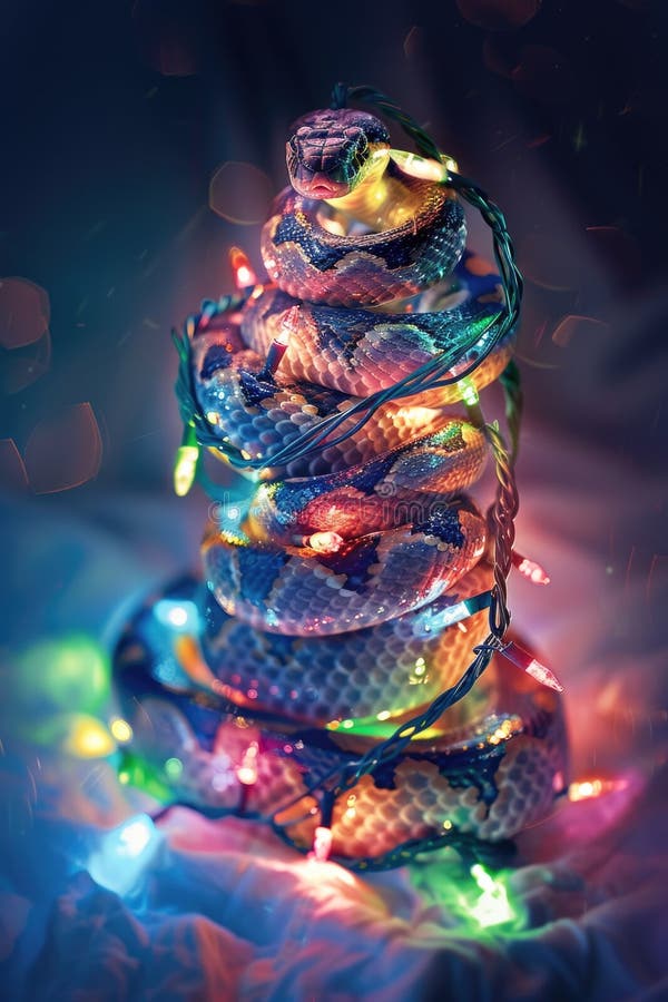 Mesmerizing Serpent Wrapped in Twinkling Lights Against a Bokeh ...