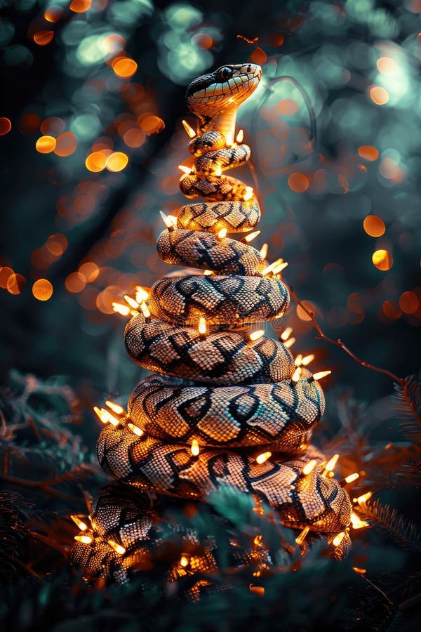Mesmerizing Serpent Wrapped in Twinkling Lights Against a Bokeh ...