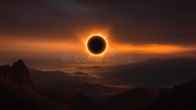 Majestic Solar Eclipse Over the Mountain Range with Golden Glow Stock ...