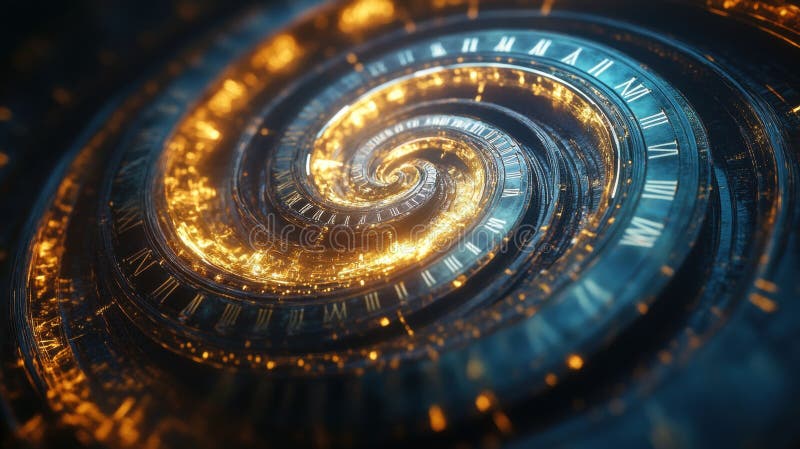 Mesmerizing Spiral Design Featuring Glowing Golden Elements and Clock ...