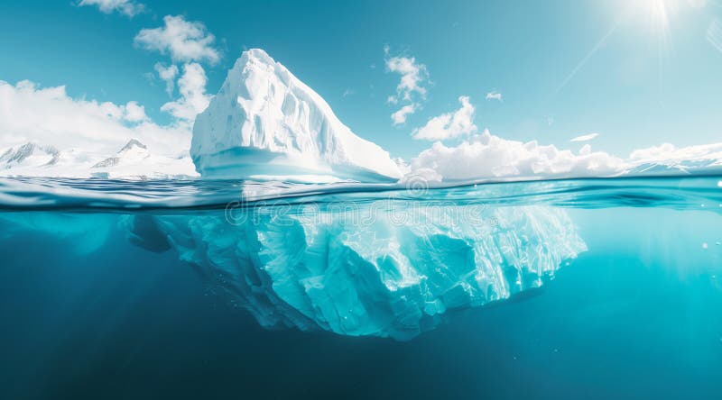 Above and Below: Split View of White Iceberg Floating in Clear Blue Sea ...