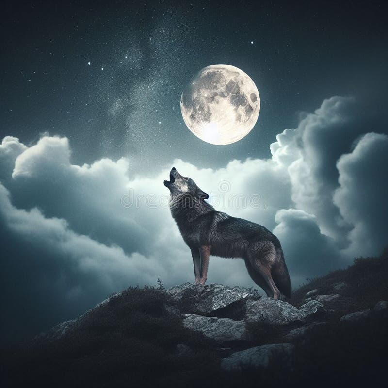 Wolf howling at the moon stock photo. Image of night - 298949552
