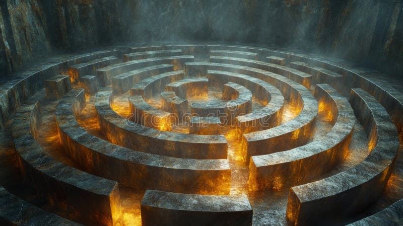 A Mesmerizing Stone Labyrinth Illuminated by Glowing Embers at Dusk in ...