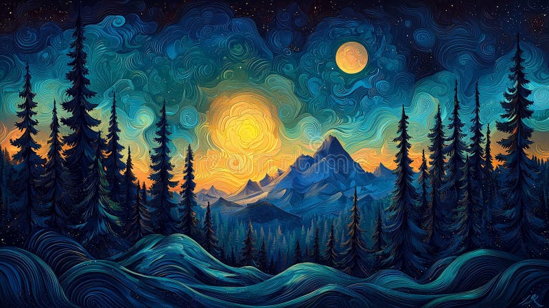 Dreamlike Stylized Forest Landscape Under a Glowing Night Sky Stock ...