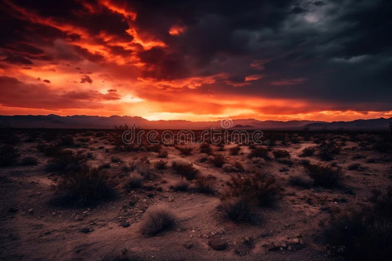 Mesmerizing Sunset Over a Desert with Dramatic Colors and Clouds Stock ...