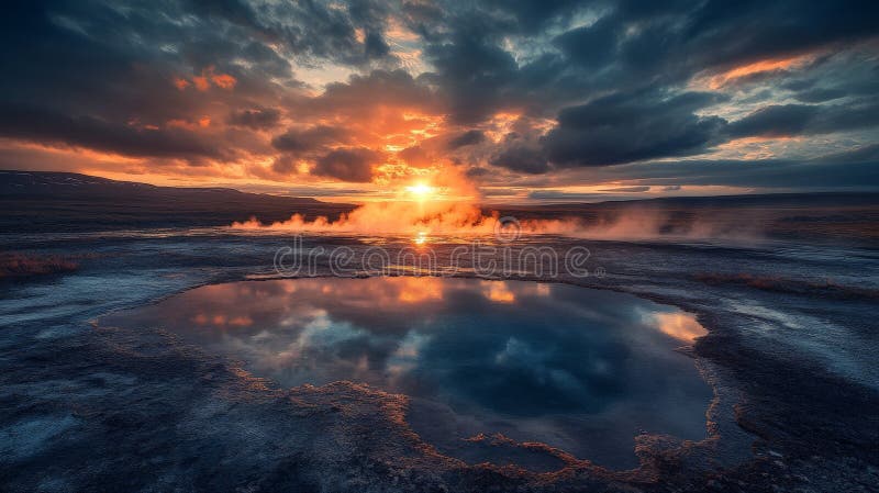 Mesmerizing Sunset Over Geothermal Hot Spring with Dramatic Sky ...